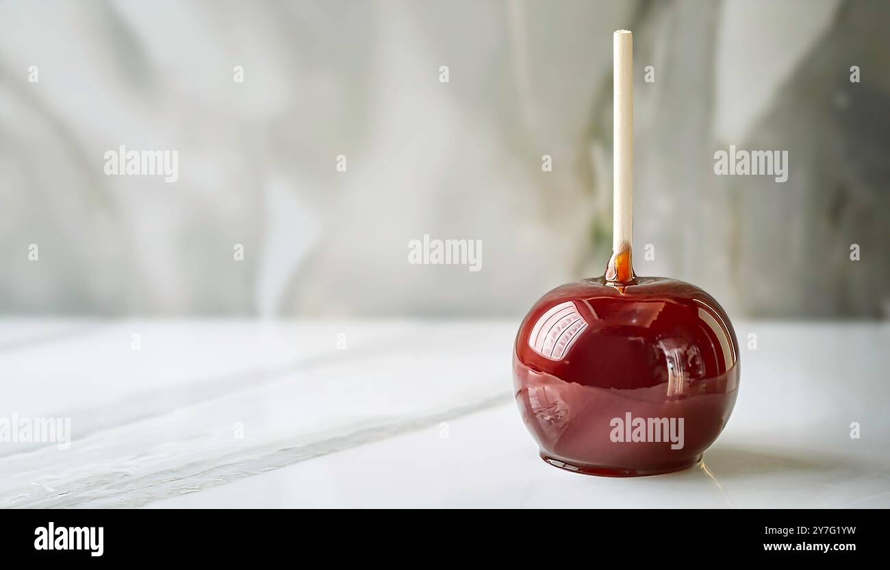 Halloween-themed red toffee apple on a stick on a light white marble ...