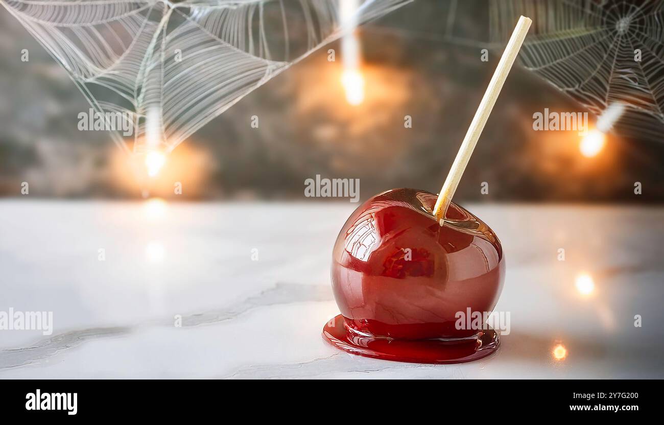 Halloween-themed red toffee apple on a stick with spider webs and bokeh ...