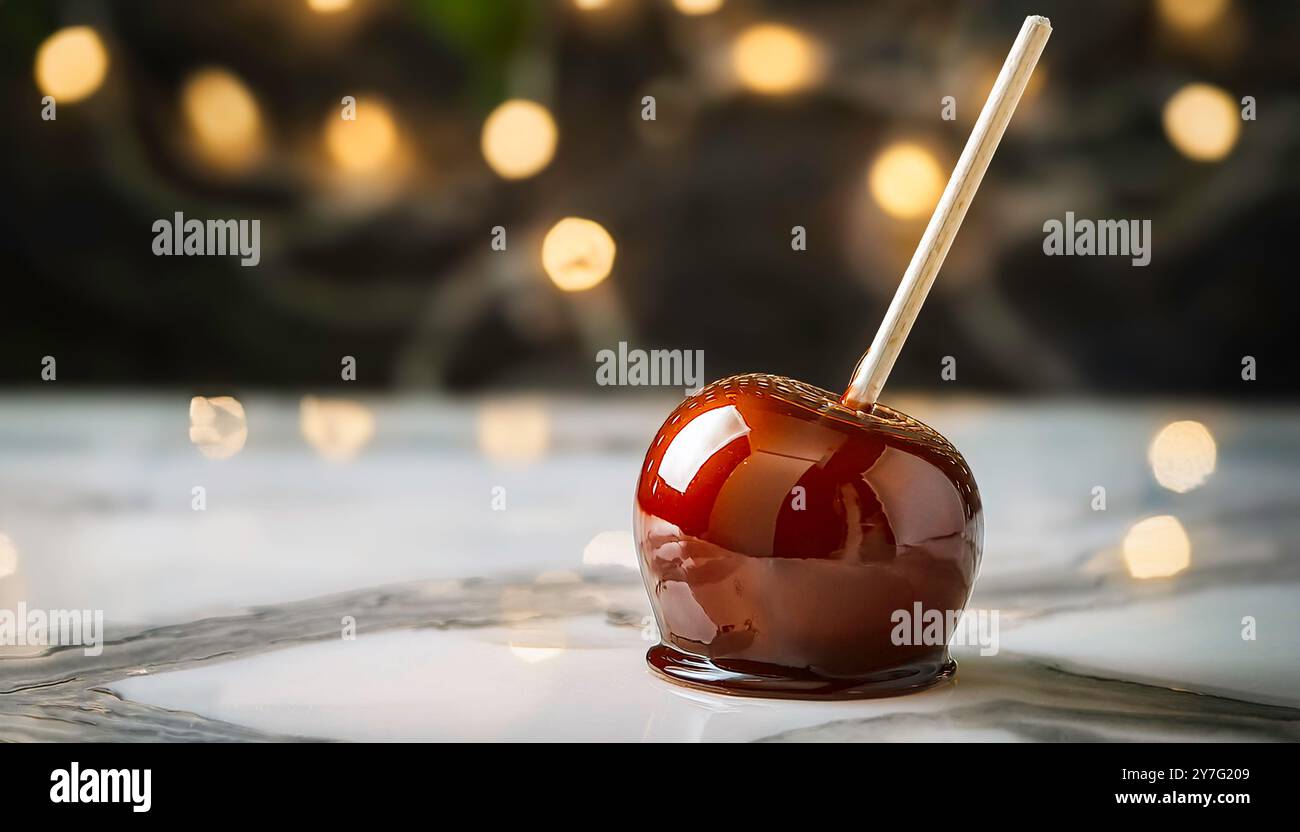 Halloween-themed red toffee apple on a stick with spider webs and bokeh ...