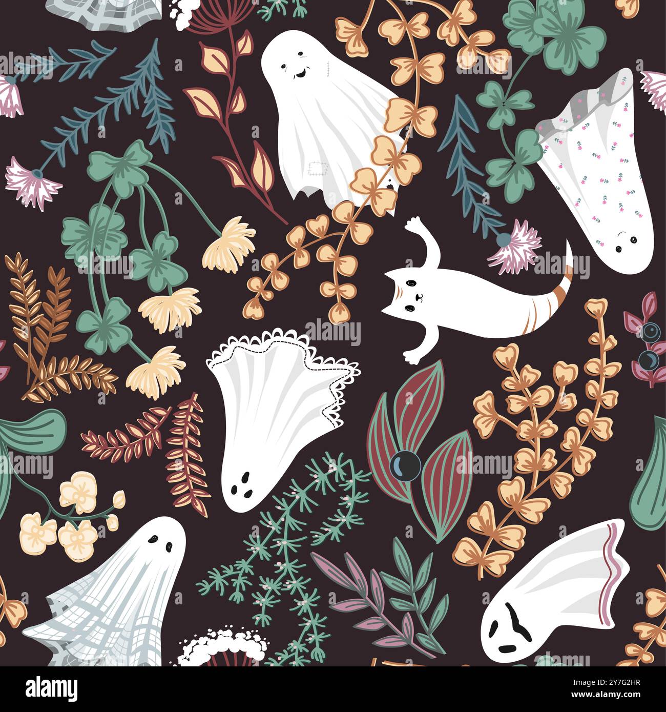 Seamless Halloween Pattern Design. Cute ghosts in garden flowers and ...