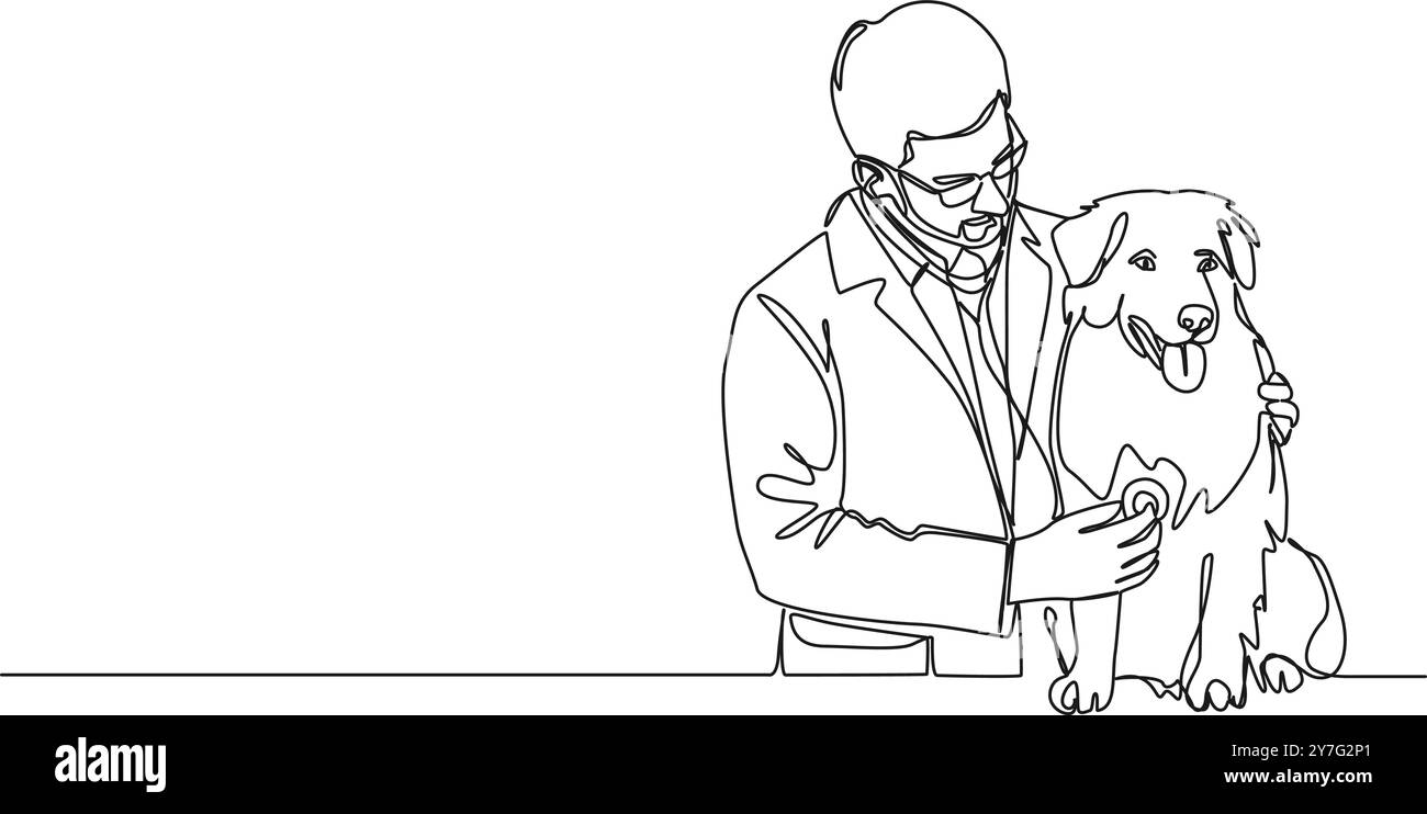 continuous single line drawing of vet with stethoscope examining dog ...