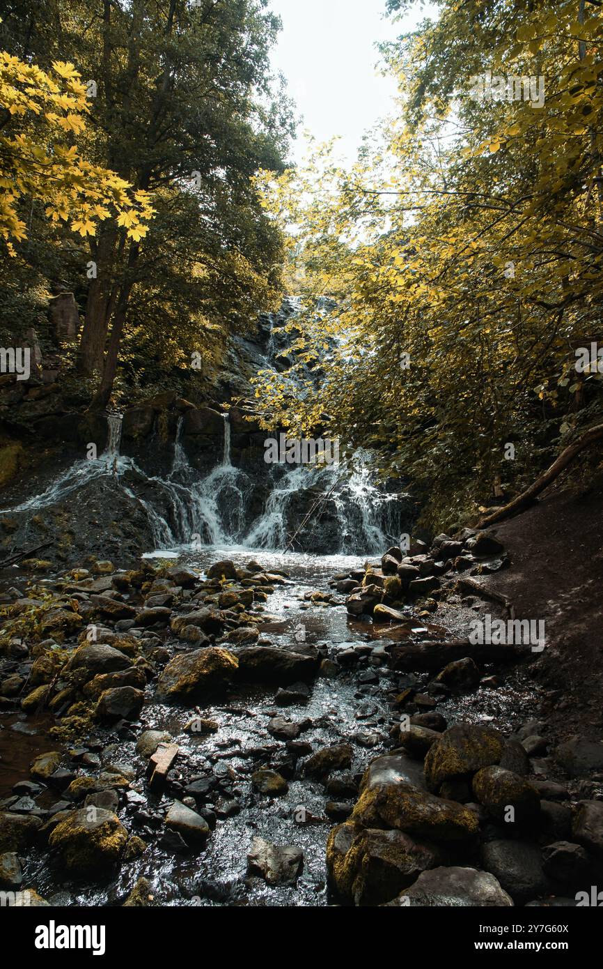 Small waterfall in Sweden in autumn. Moss-covered stones. Forest on the ...