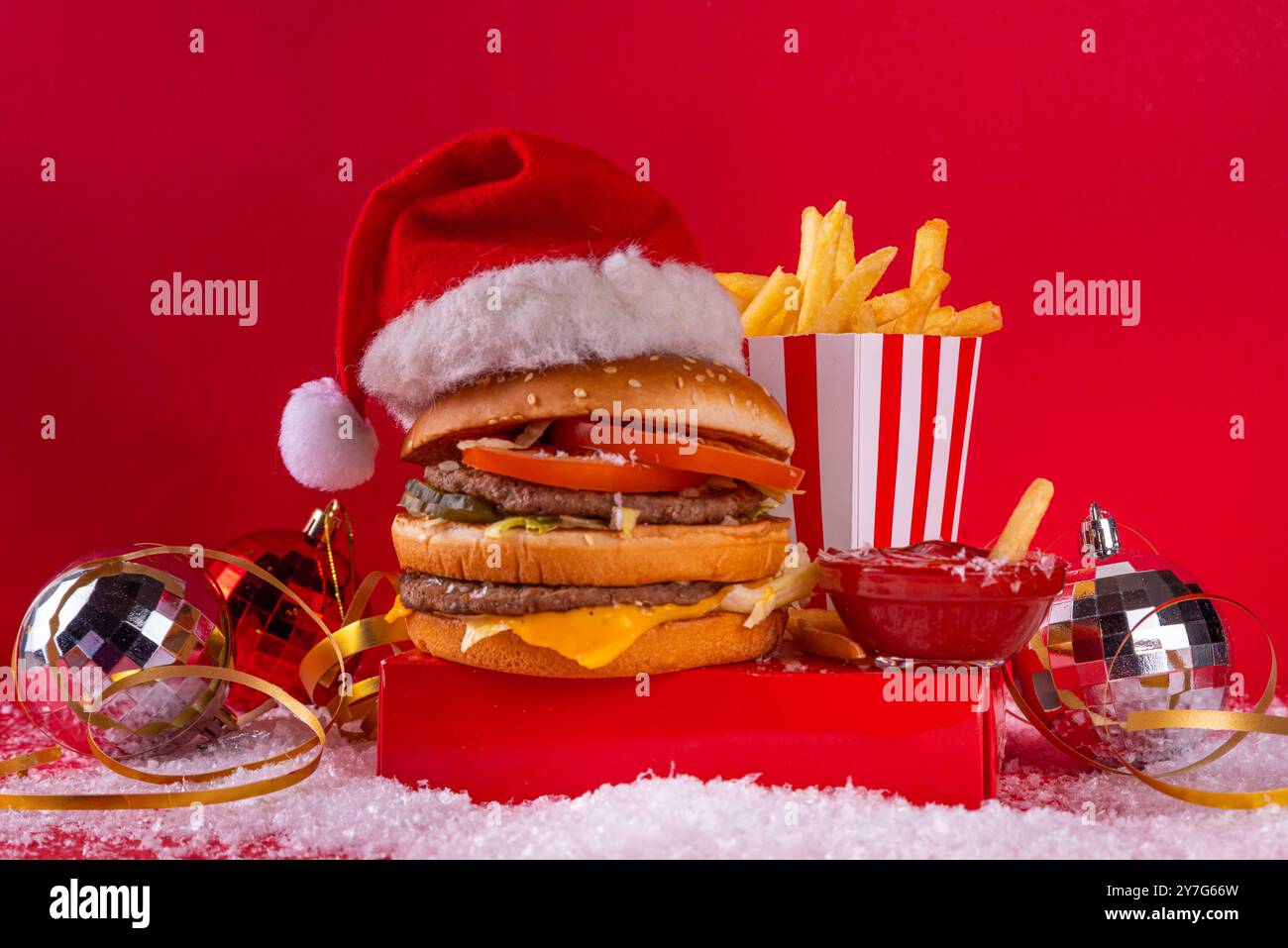 Christmas burger and french fries delivery menu. Big cheeseburger with ...