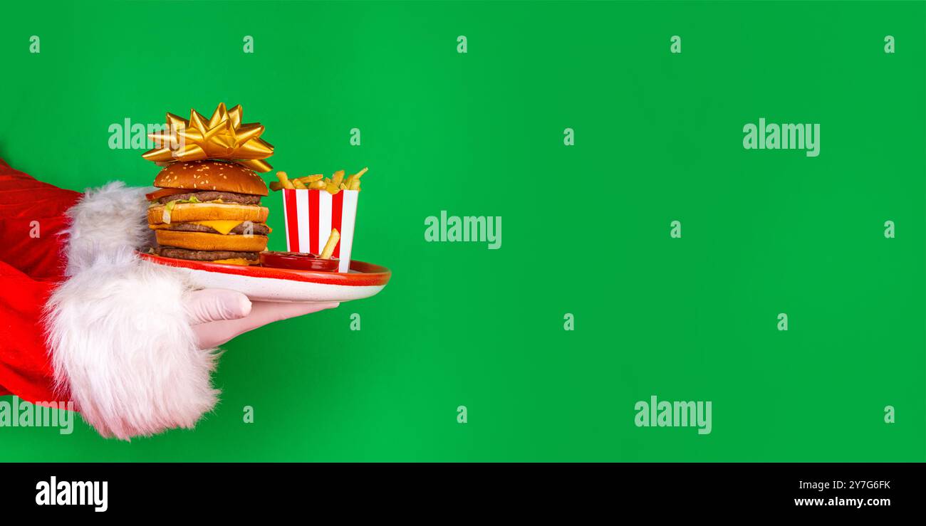 Christmas burger and french fries delivery menu. Santa hands with big ...