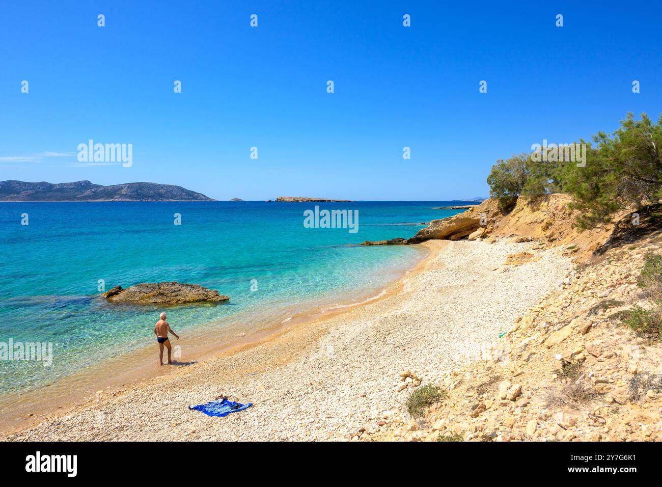 Ano Koufonisi, Greece - May 15, 2024: Ano Koufonisi beach with azure ...