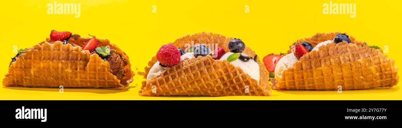 Various sweet taco ice creams. Waffle taco shells with chocolate and ...