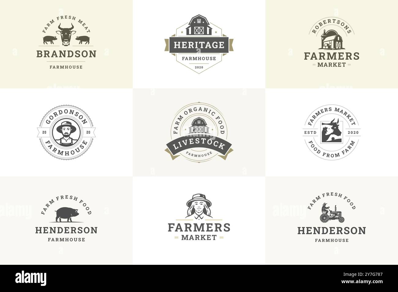Farmhouse butchery organic meat production retro logo design template ...