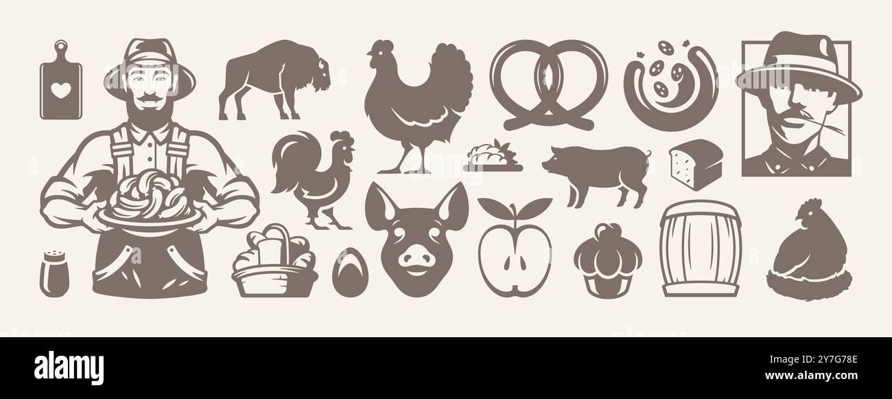 Butchery and agriculture food production drawing retro icon set vector ...
