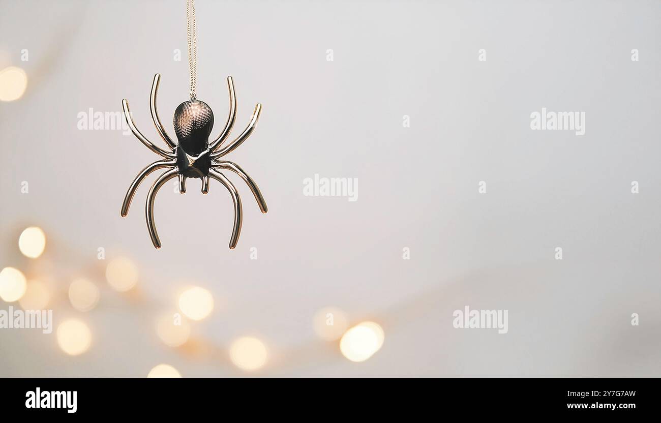 Halloween theme black and gold plastic faux spider hanging from gold ...