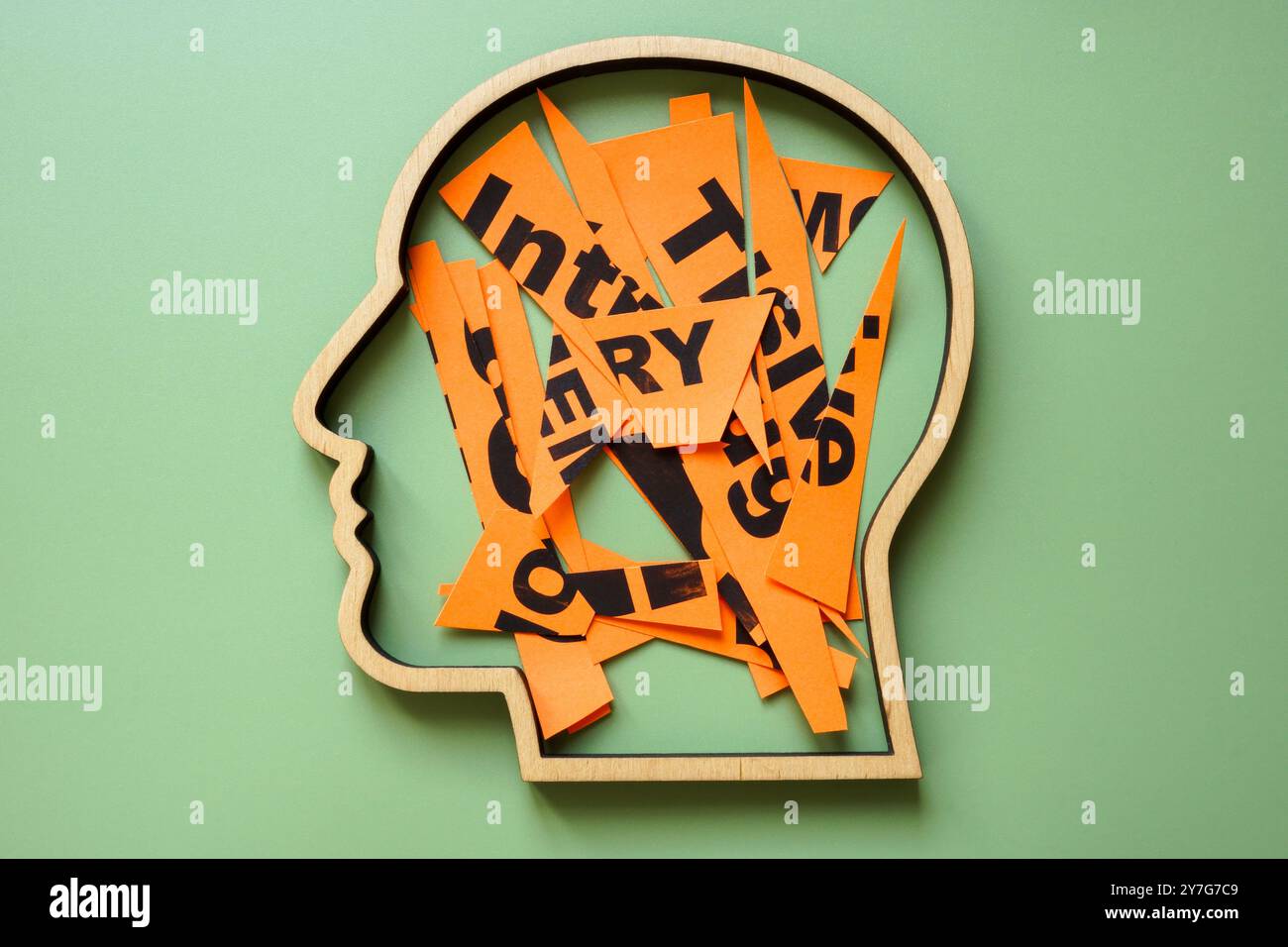 Outline of a head and cut-up notes. Fragmented thoughts and mental ...