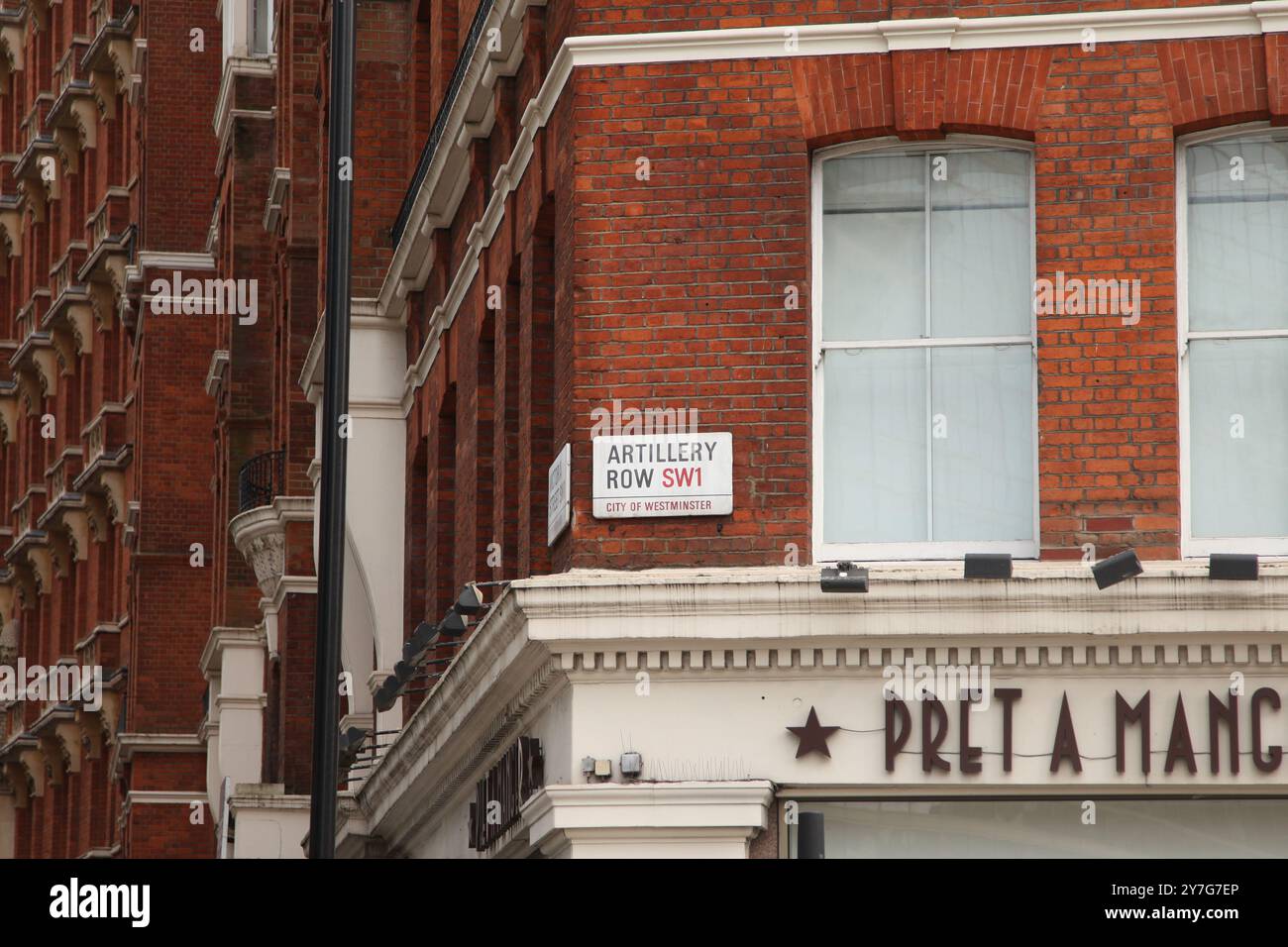 London sign for Artillery Row above Pret a Manger, Victoria Street ...