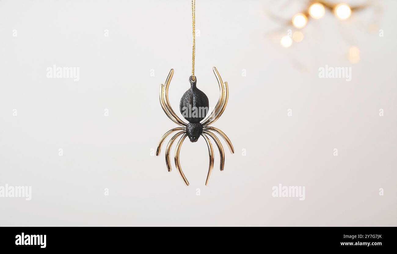 Halloween theme black glitter and gold plastic faux spider hanging from ...