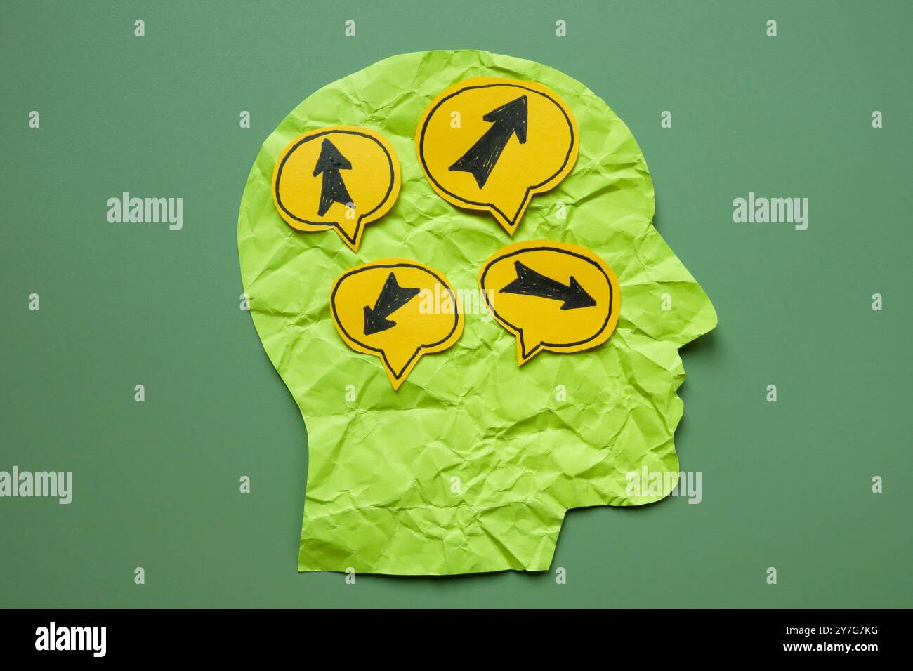 A paper head with arrows pointing in different directions. Indecision ...