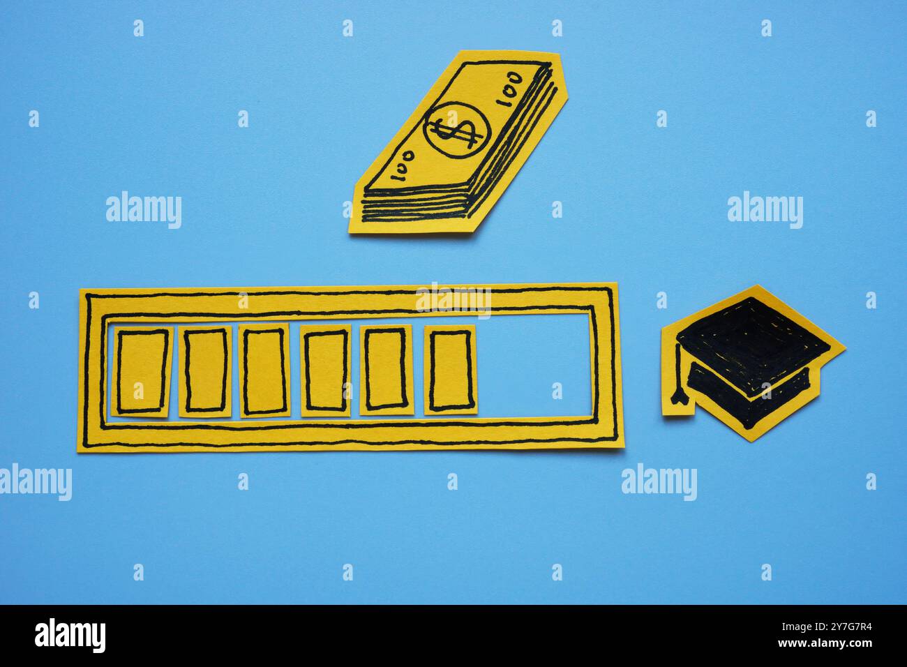 A progress bar with a money symbol and graduation cap symbolizes ...