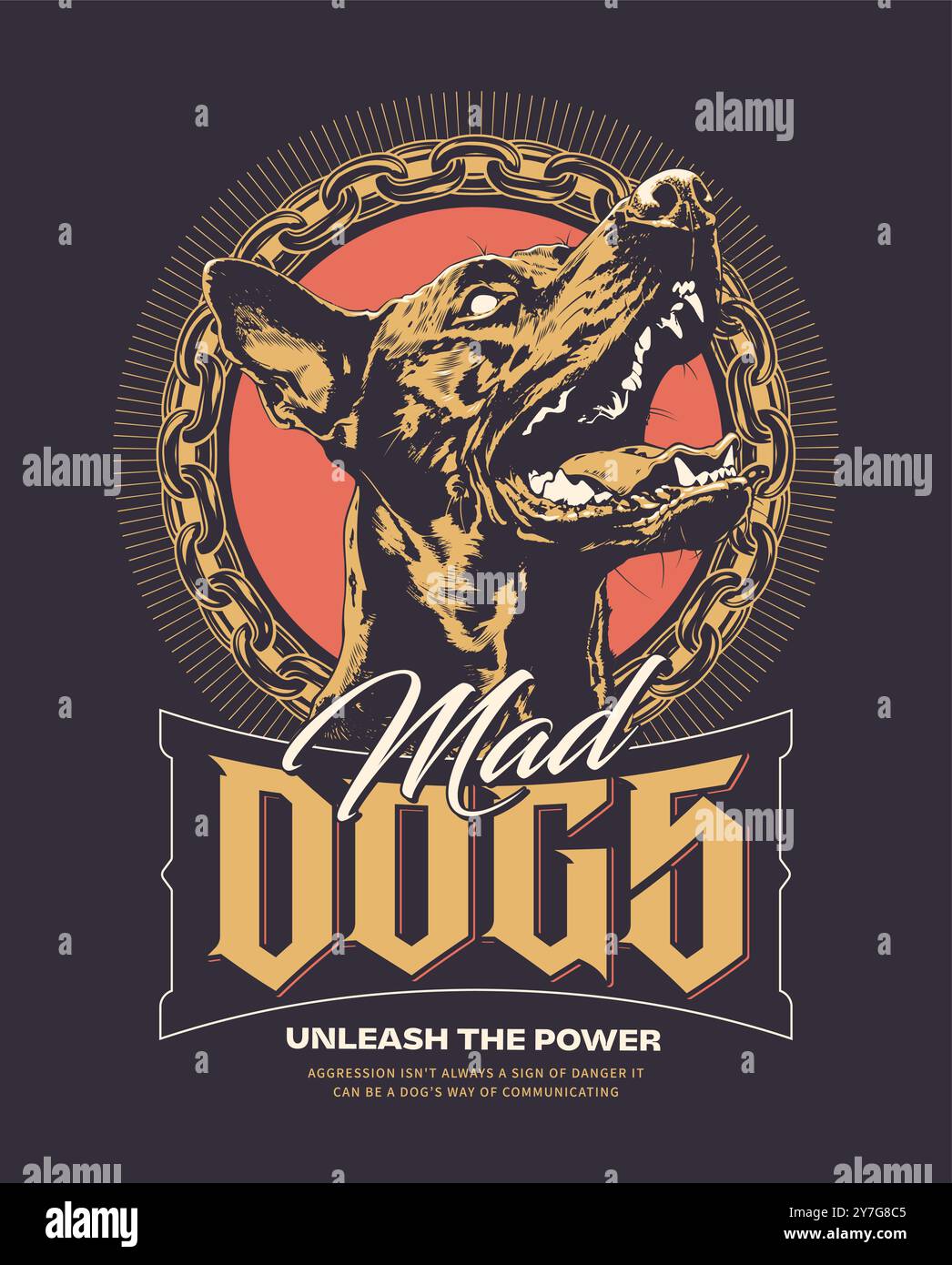 Grunge emblem design with doberman dog mascot. Shiny gold chain around ...