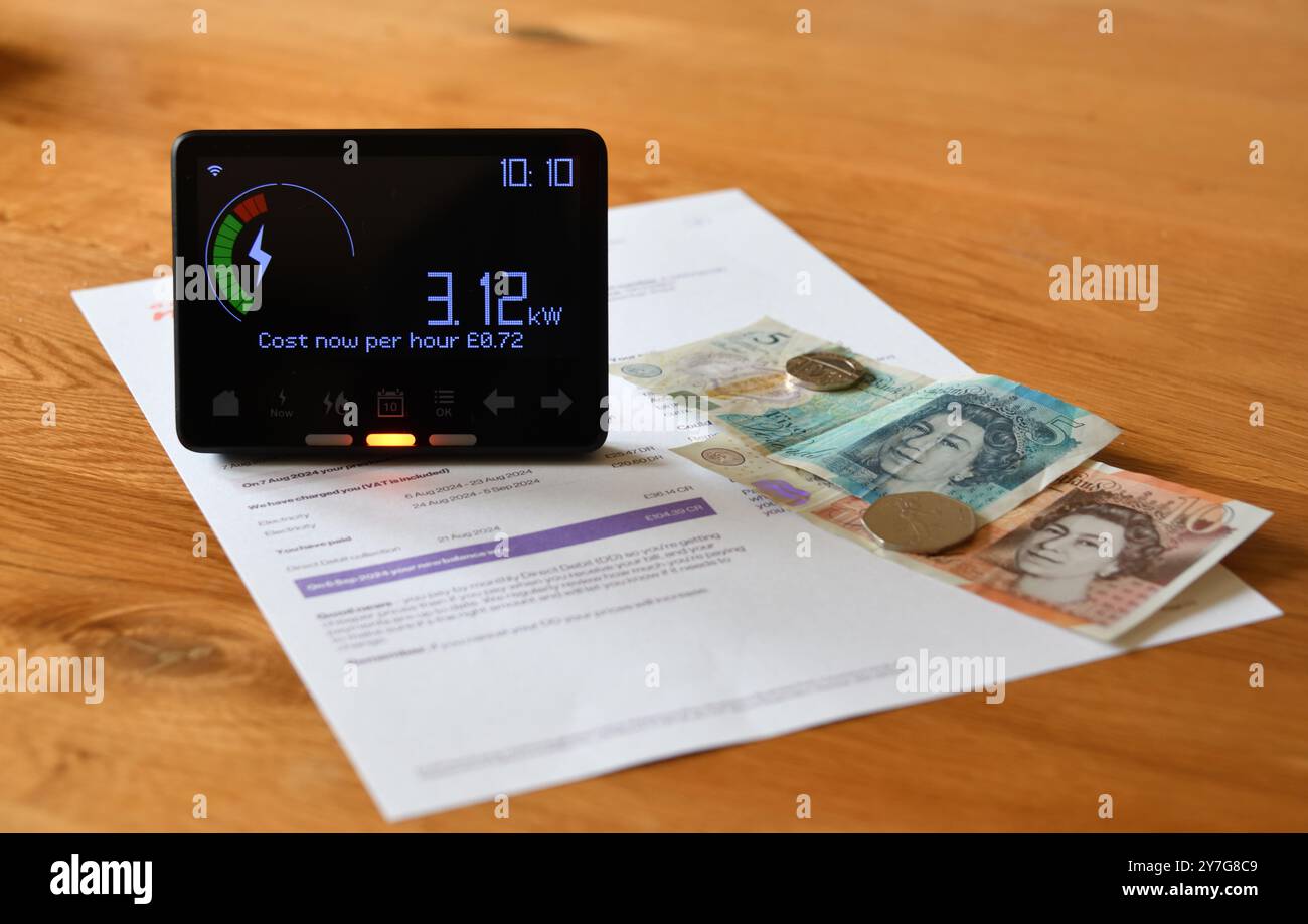 Electricity Smart Meter In Home Display (IHD) on wooden table showing ...