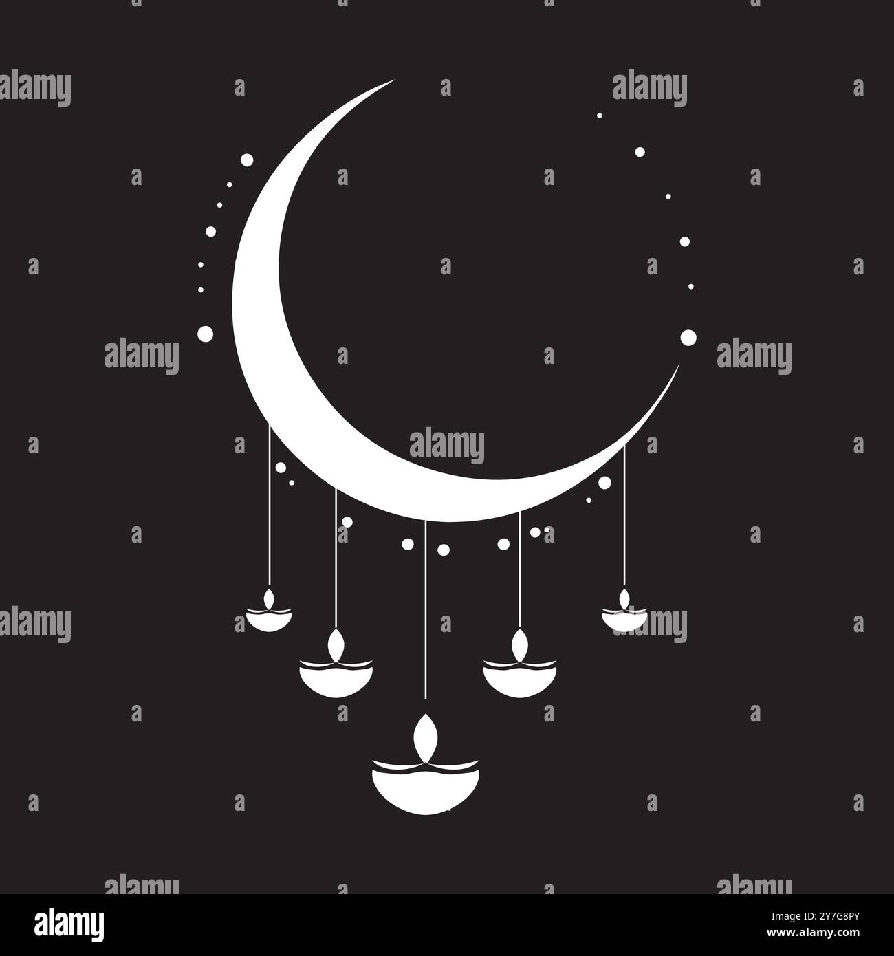 Serene Moon with Hanging Diyas In A Minimalist Illustration Celebrating ...