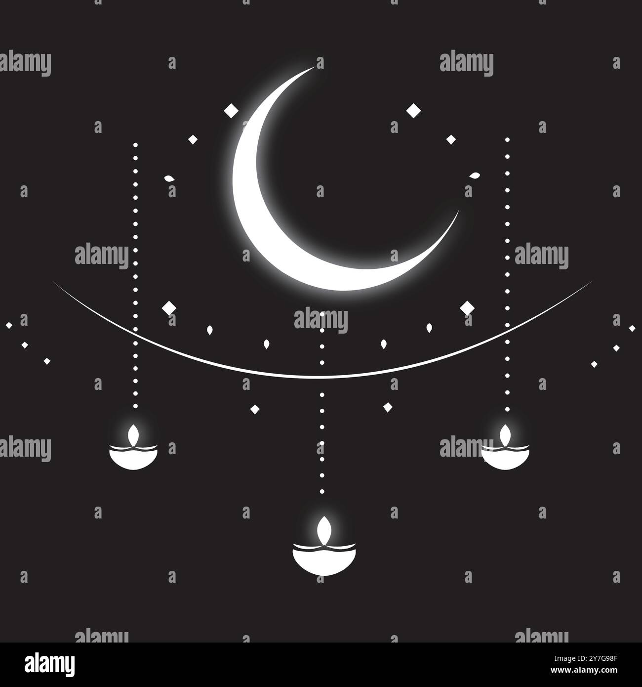 Serene Night Sky With Crescent Moon and Glowing Lanterns Creating a ...