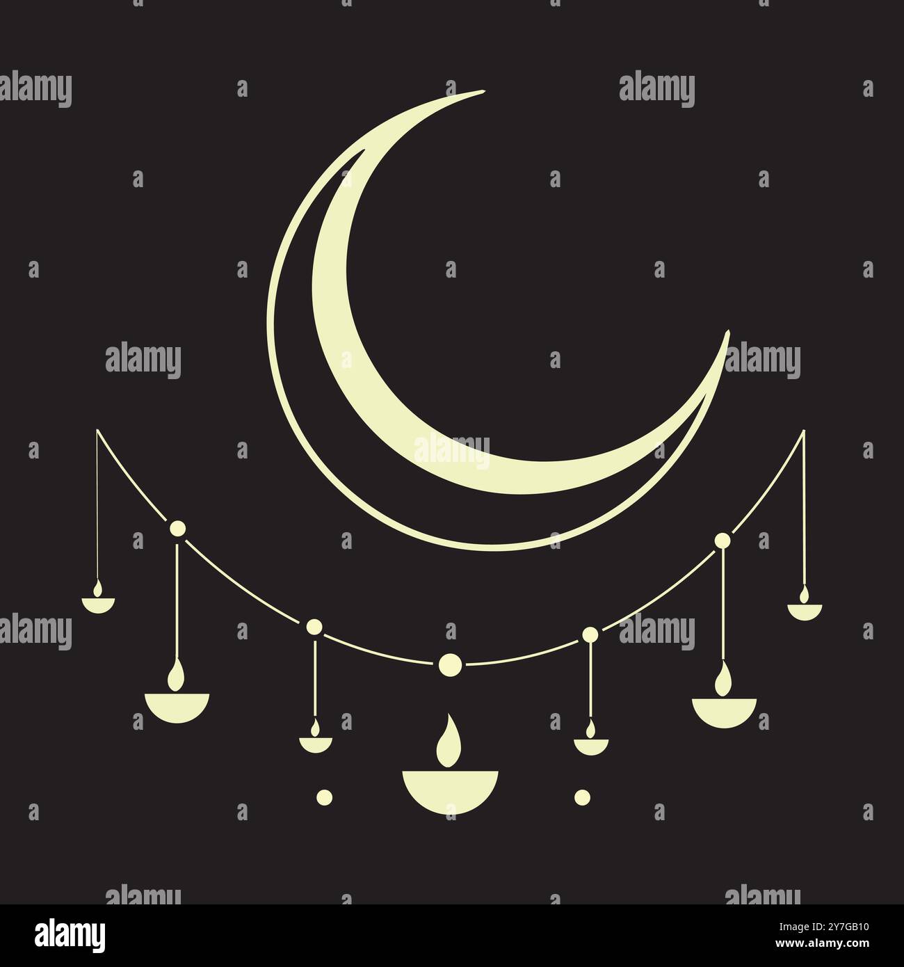Serene Moon with Hanging Diyas In A Minimalist Illustration Celebrating ...