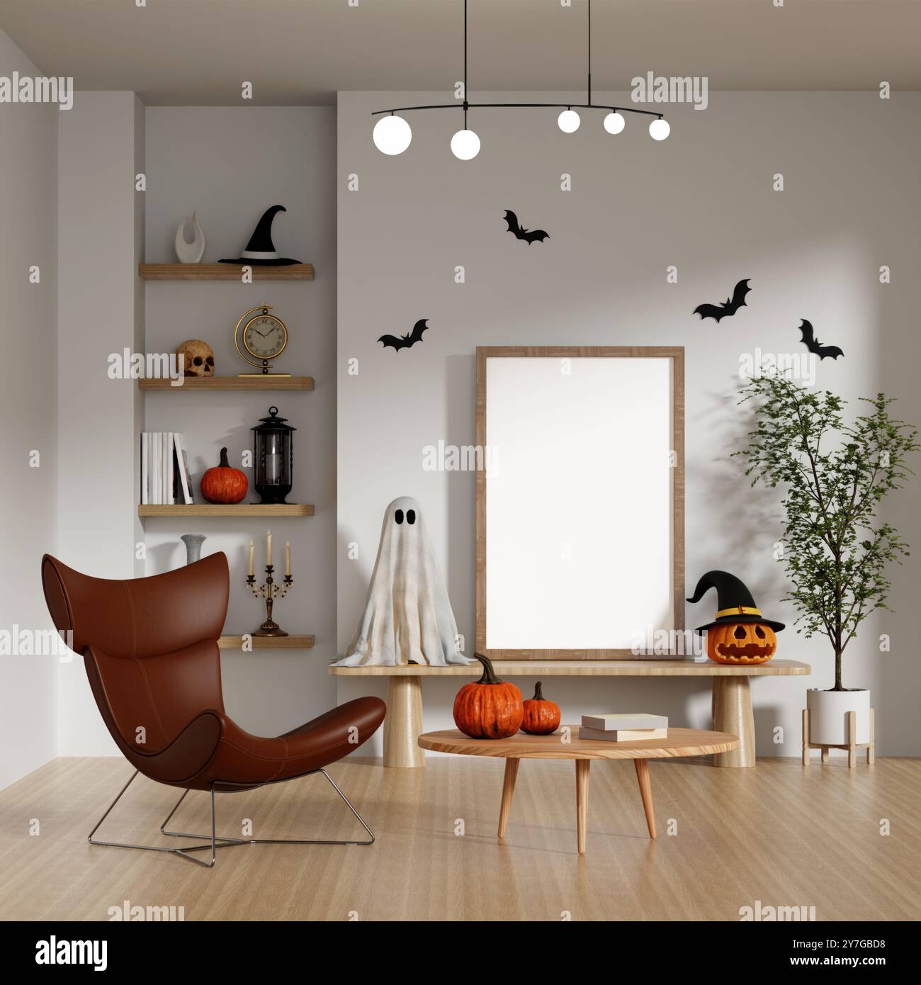 Halloween Interior with Pumpkins and Ghost Decor 3D Render Stock Photo ...