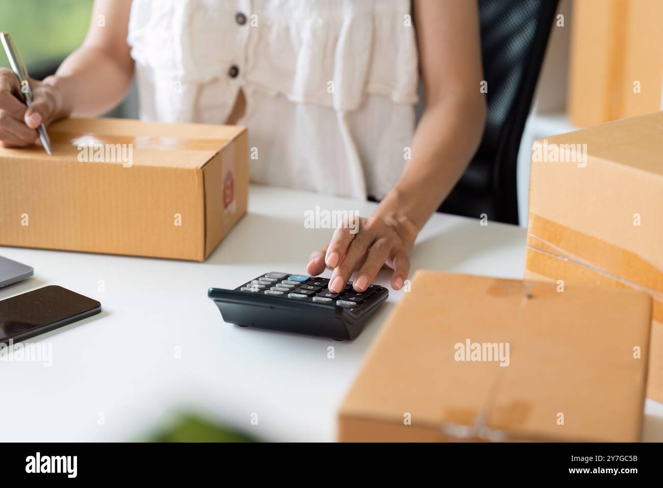 Small Business Owner Calculating finance and Managing Online Order with ...