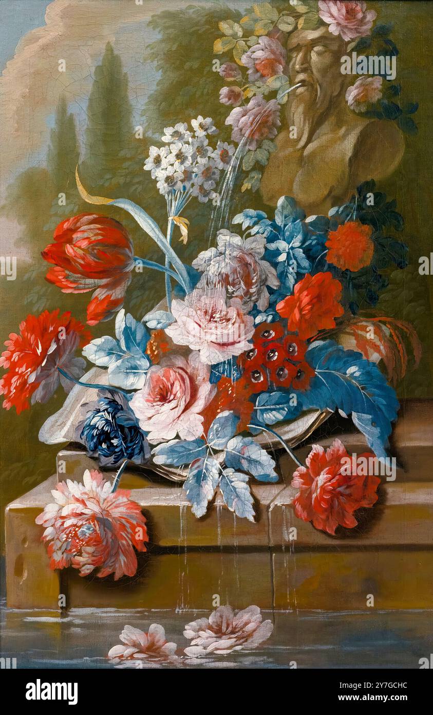Mary Moser, Still Life of Flowers by a Fountain, painting in oil on ...