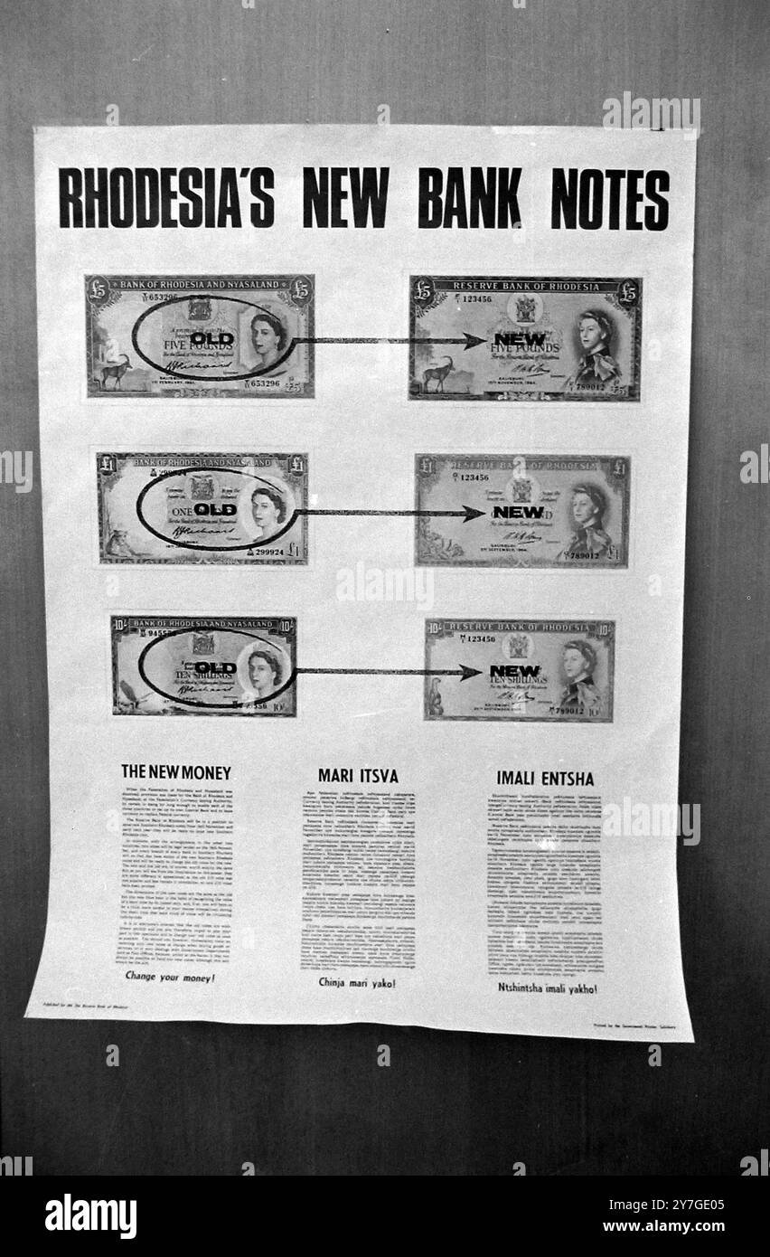 MONEY RHODESIAN BANK NOTES OLD AND NEW ; 16 NOVEMBER 1964 Stock Photo ...