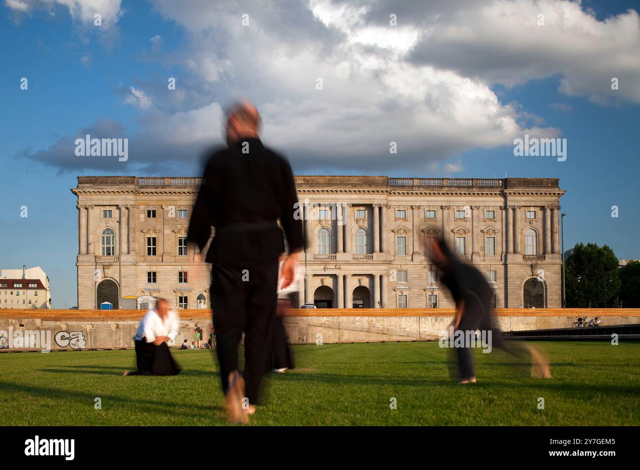Martial artists engage in judo and karate on the green lawn of ...