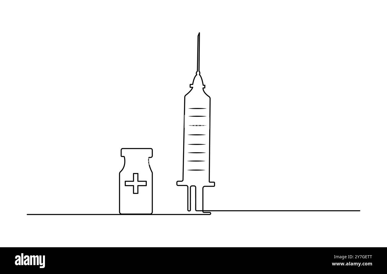 Medical syringe and bottle with liquid drug in continuous one line ...
