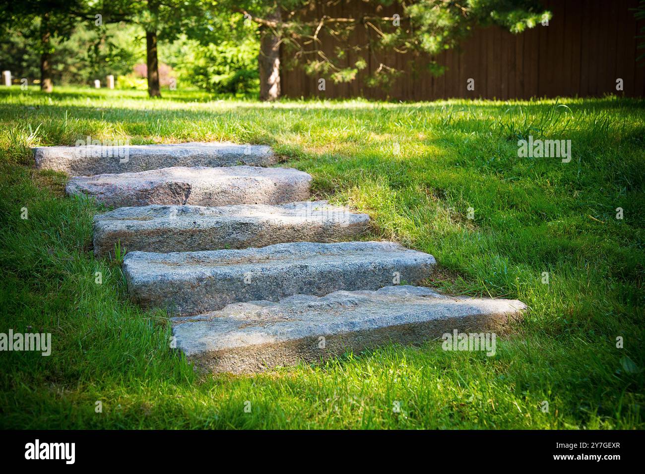 Gray stone steps embedded in the grass close-up Stock Photo - Alamy