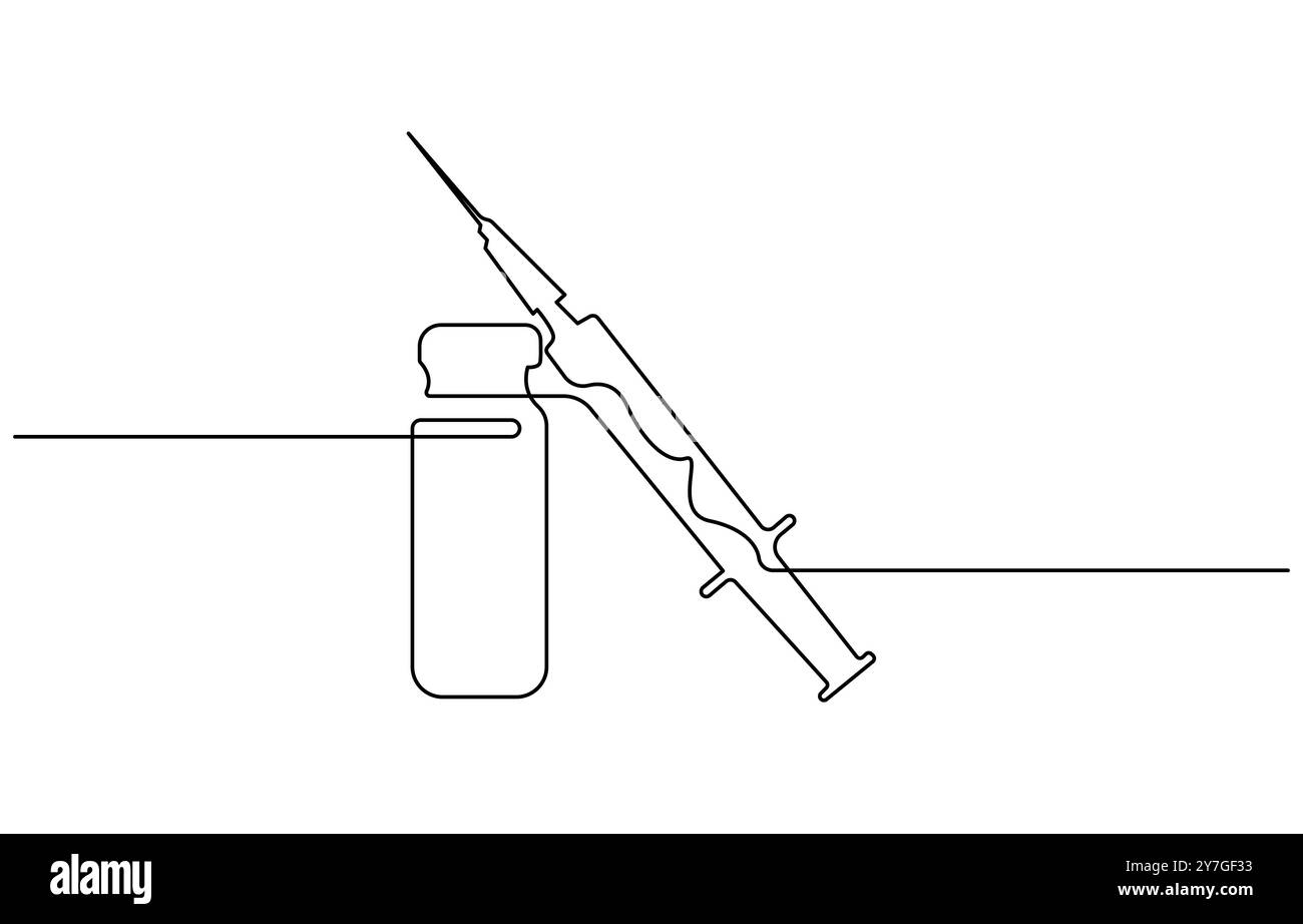 Medical syringe and bottle with liquid drug in continuous one line ...
