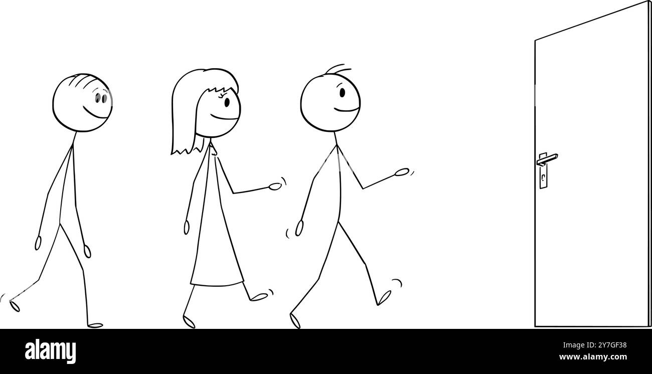 Confident team walking to door, following leader , vector cartoon stick ...