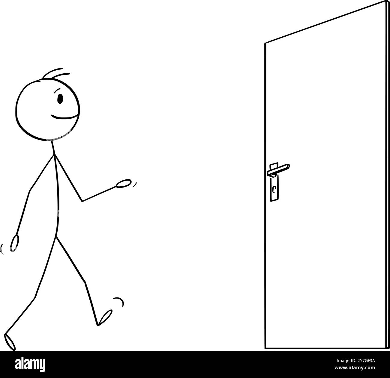 Confident person walking to door , vector cartoon stick figure or ...