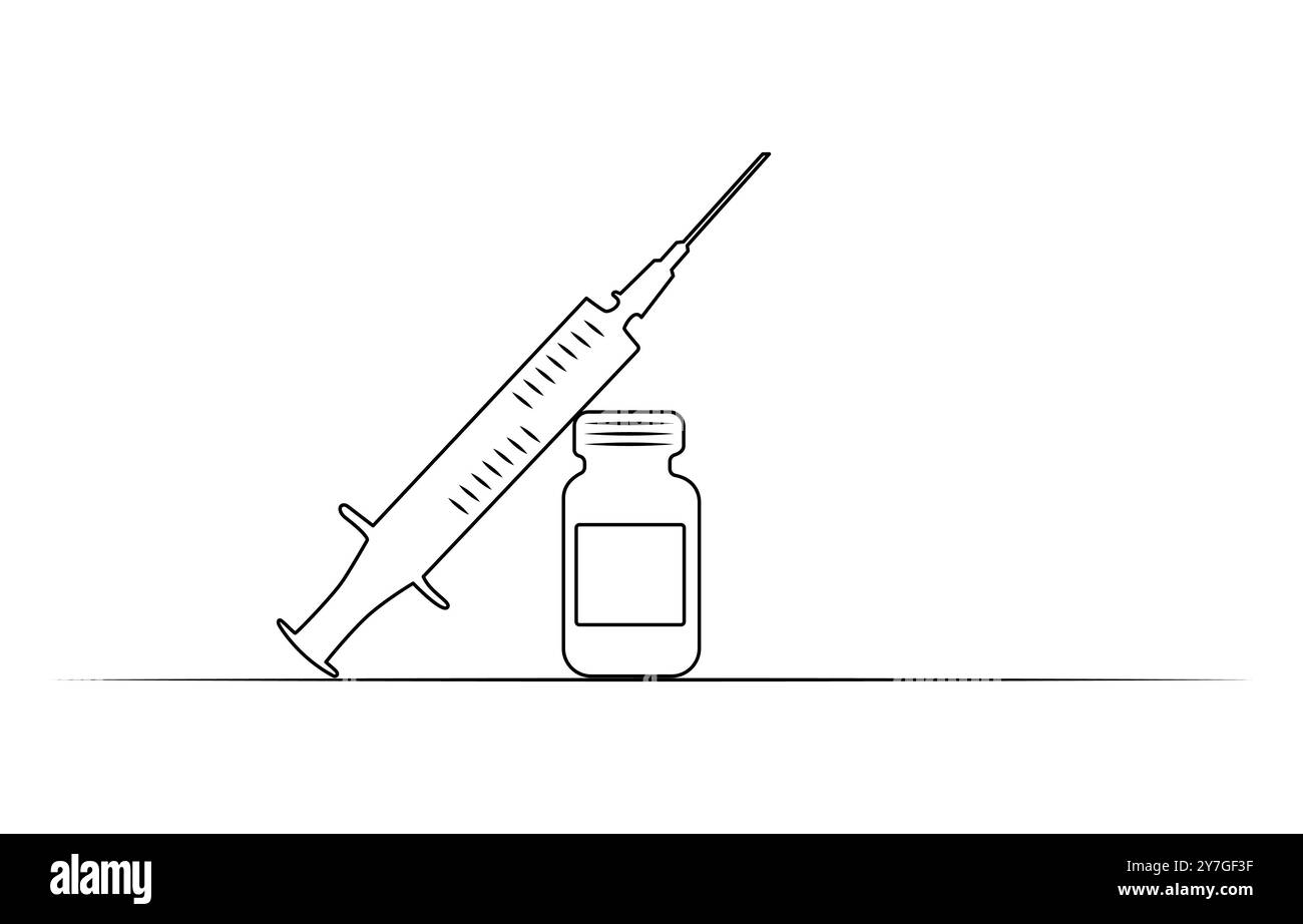 Medical syringe and bottle with liquid drug in continuous one line ...