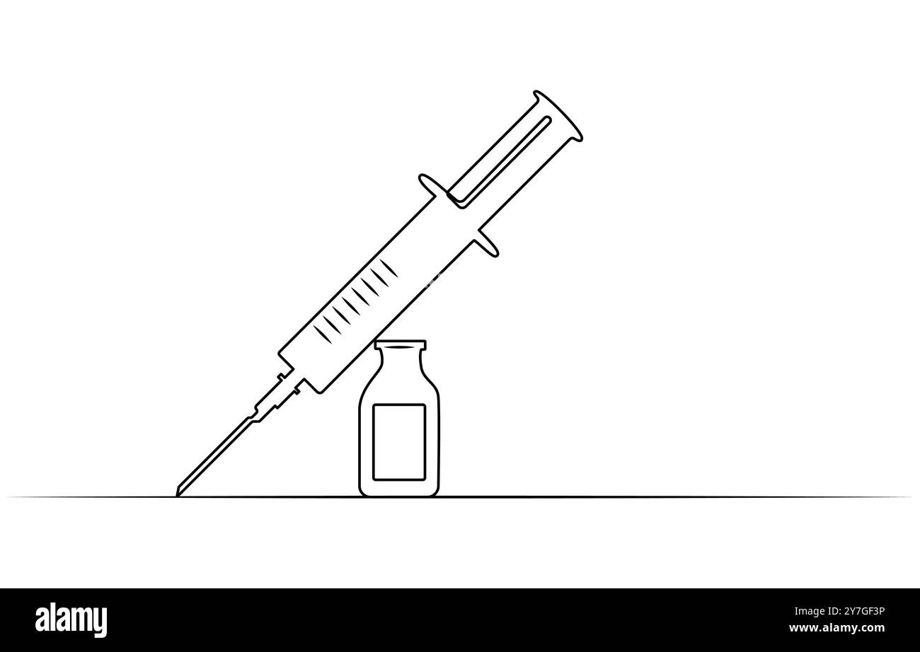Medical syringe and bottle with liquid drug in continuous one line ...