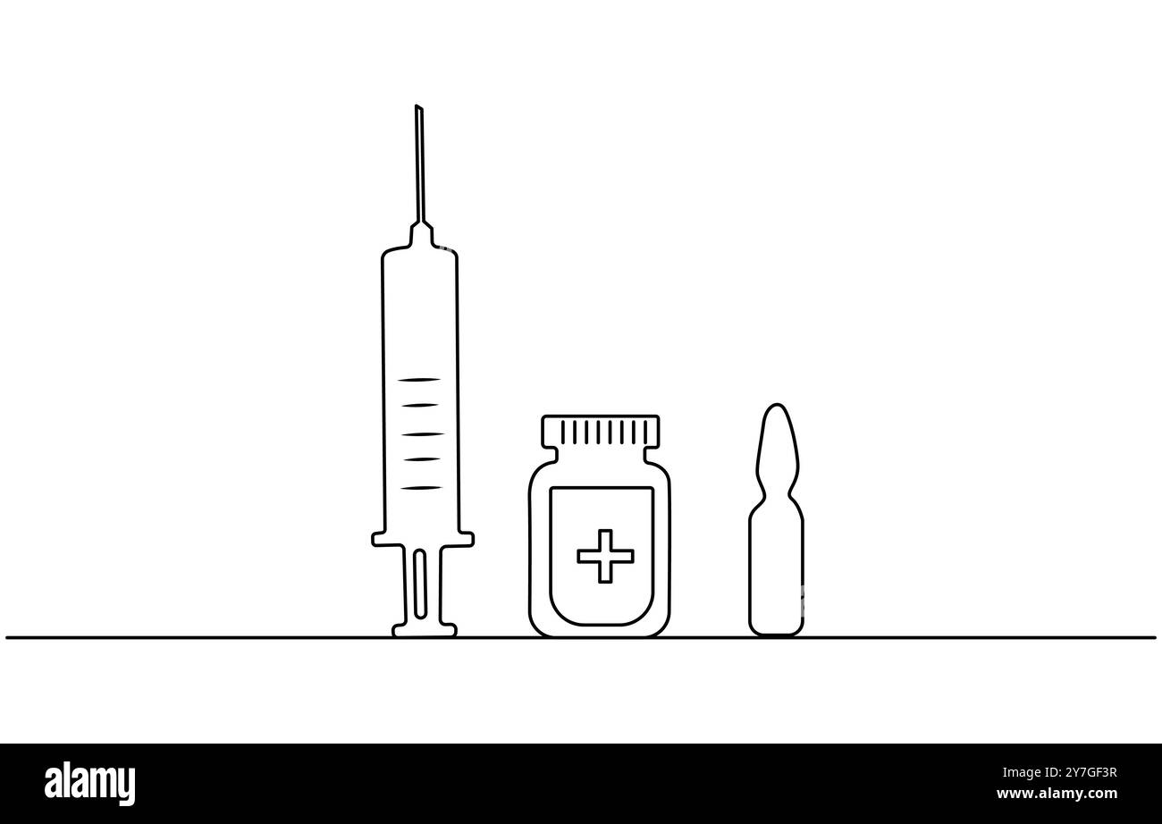 Medical syringe and bottle with liquid drug in continuous one line ...