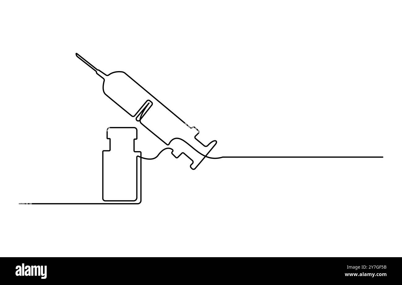 Medical syringe and bottle with liquid drug in continuous one line ...