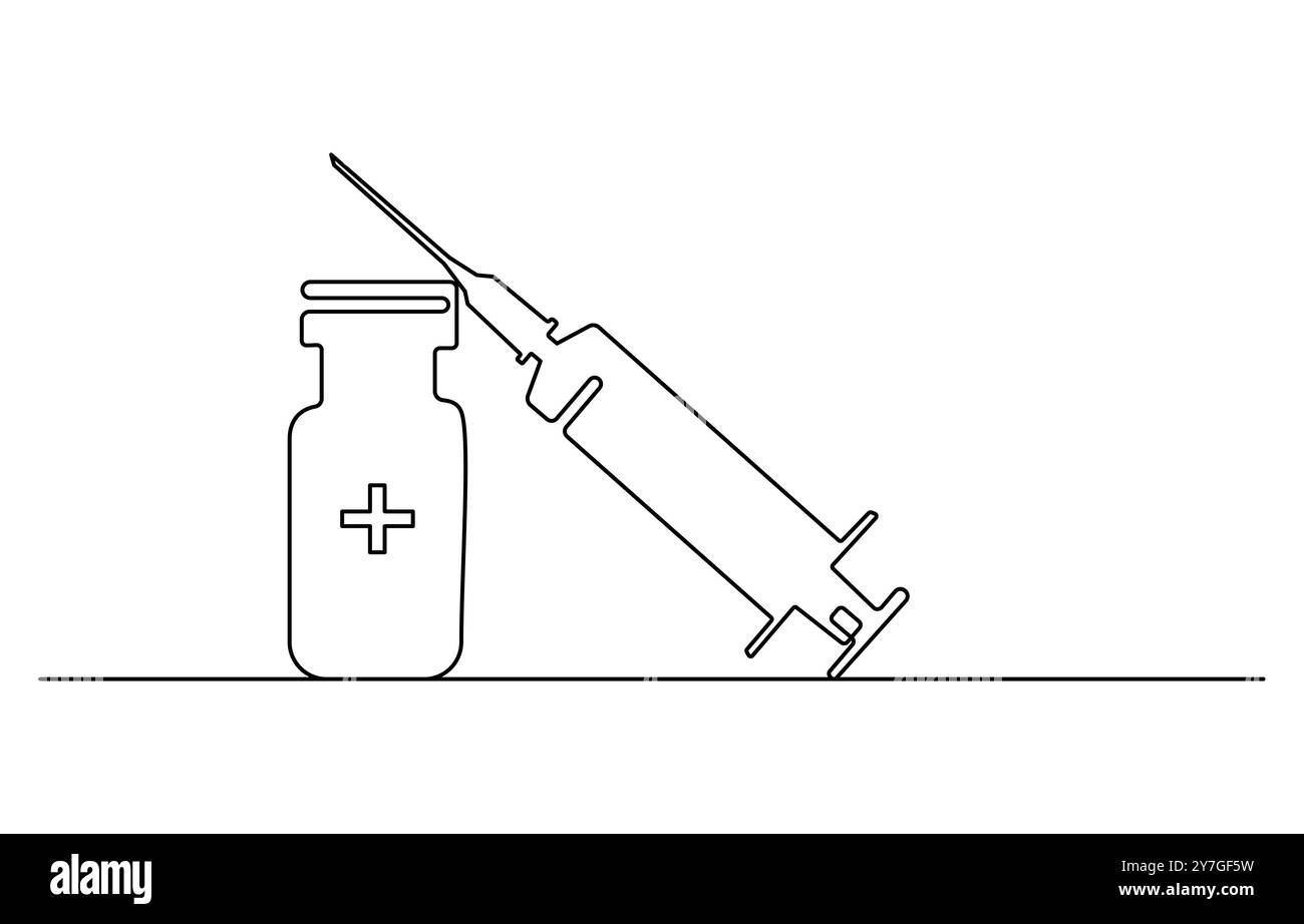 Medical syringe and bottle with liquid drug in continuous one line ...