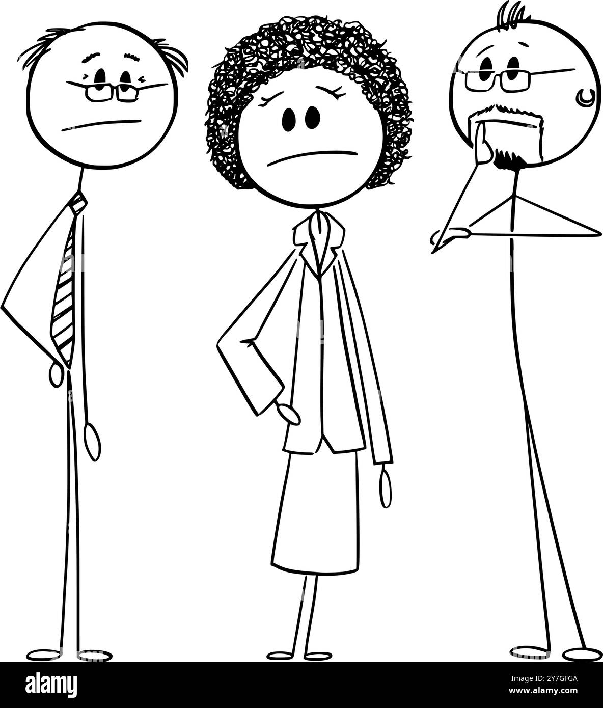 Diverse team thinking about problem , vector cartoon stick figure or ...