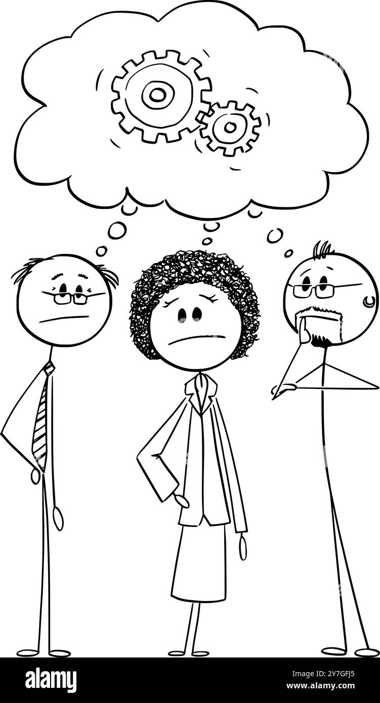 Diverse team thinking about problem , vector cartoon stick figure or ...