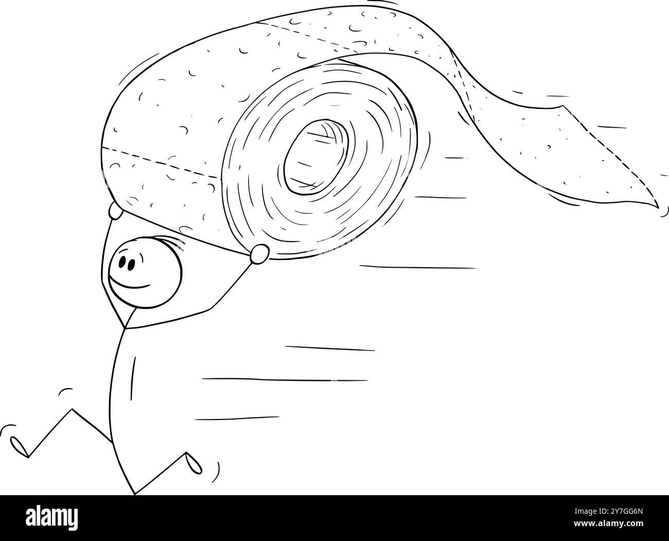 Happy person running with toilet paper , vector cartoon stick figure or ...