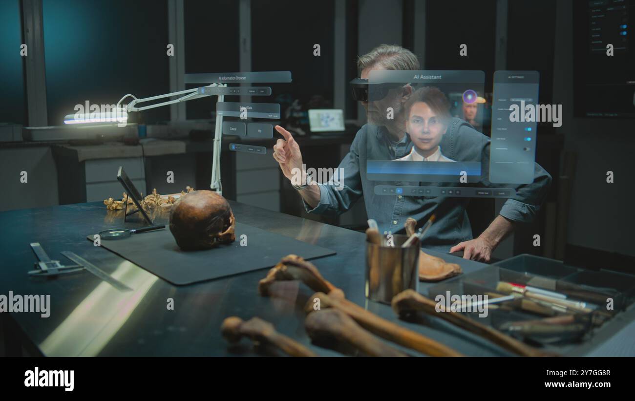 Advanced archaeological lab: Archaeologist in VR headset conducts ...