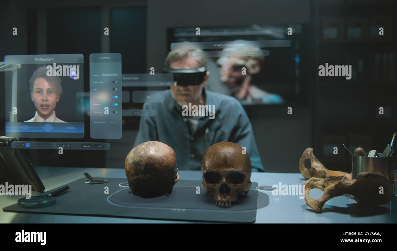 Advanced archaeological lab: Archaeologist in VR headset conducts ...