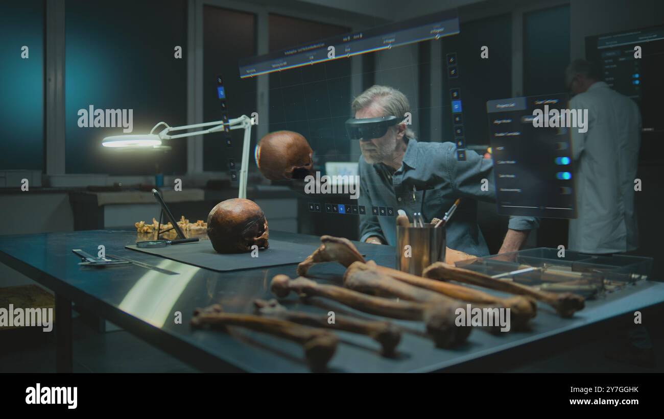 Advanced archaeological lab: Archaeologist in VR headset conducts historical research in ...