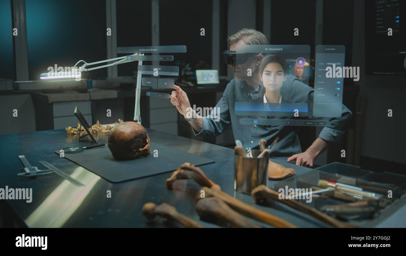 Advanced archaeological lab: Archaeologist in VR headset conducts ...