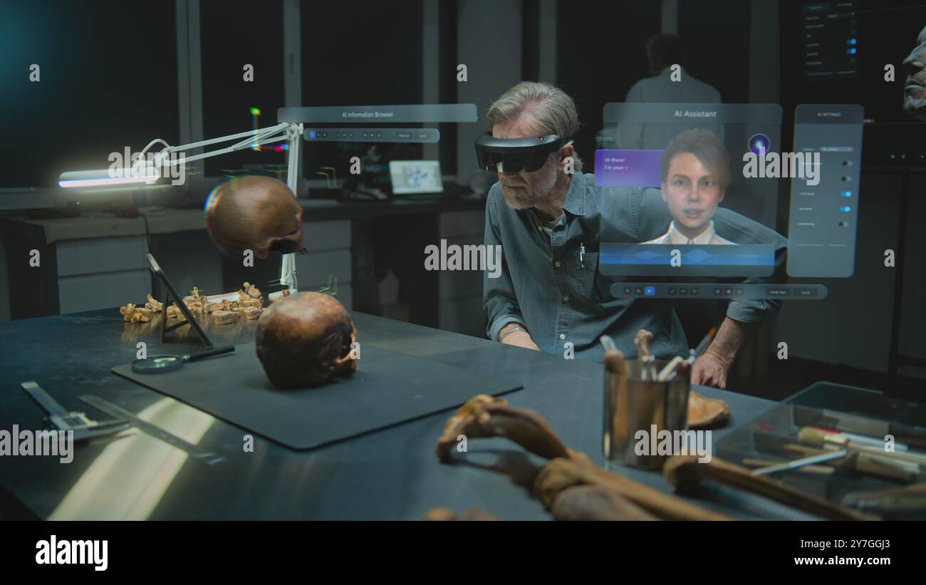 Advanced archaeological lab: Archaeologist in VR headset conducts ...