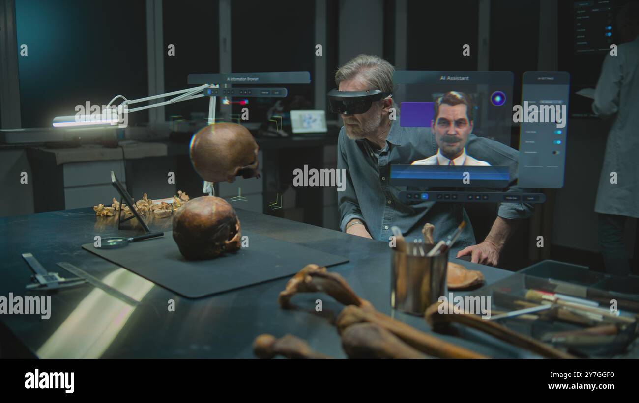 Advanced archaeological lab: Archaeologist in VR headset conducts ...