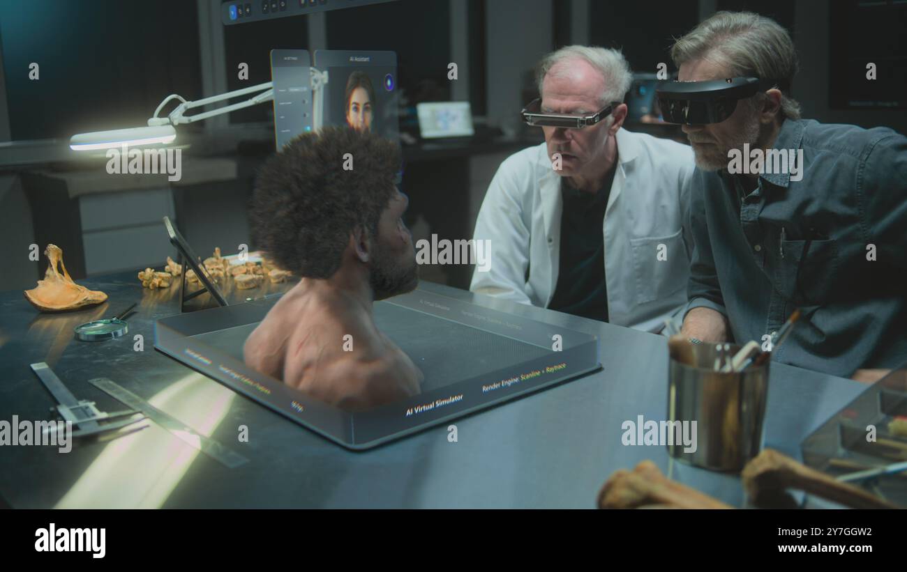Advanced archaeological lab: Two scientists in VR headsets conducts ...