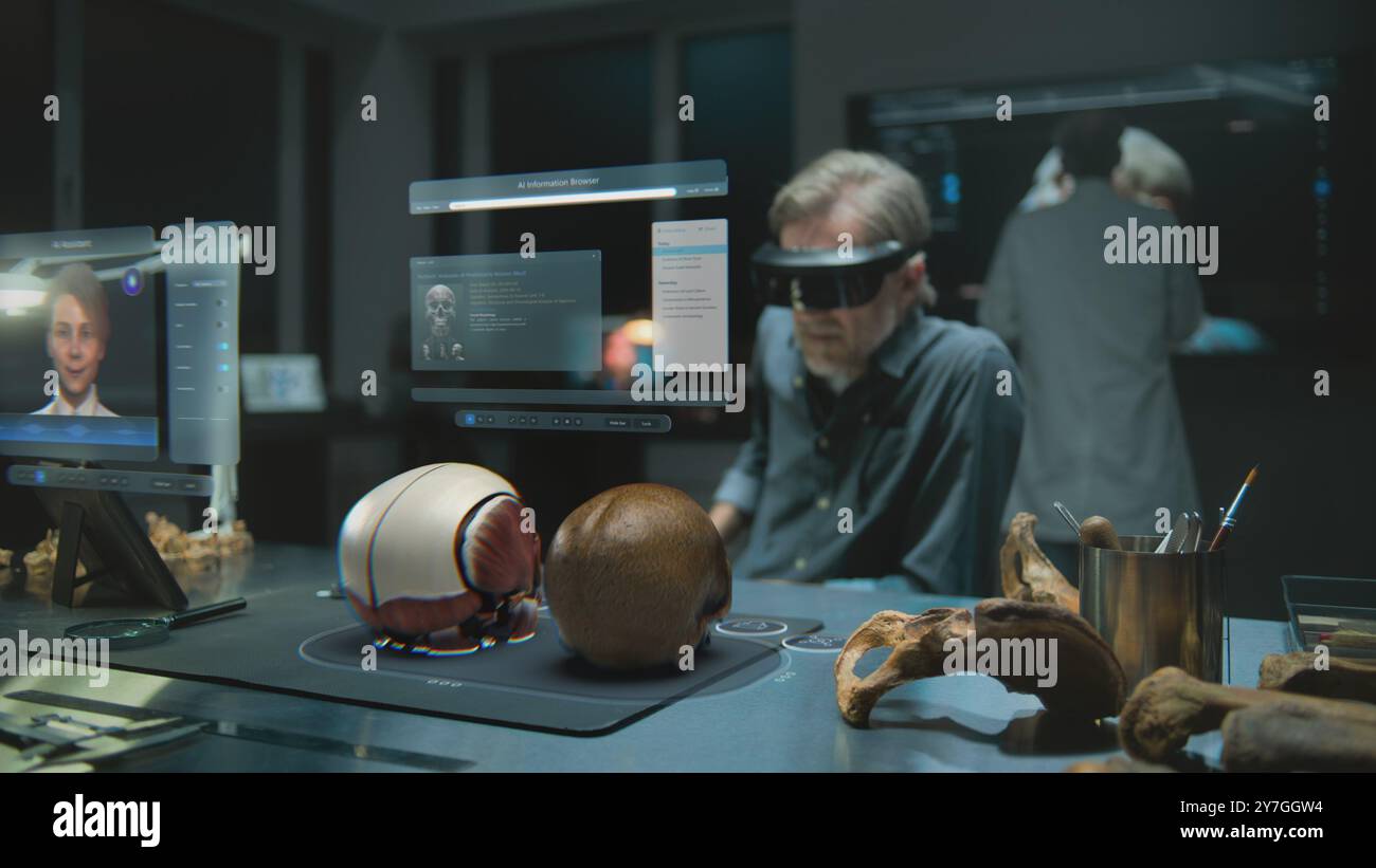 Advanced archaeological lab: Archaeologist in VR headset conducts scientific research in ...