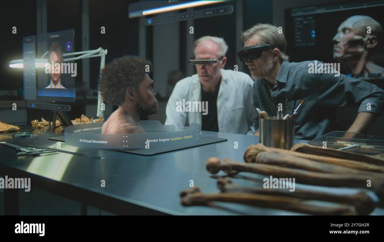 Advanced archaeological lab: Two archaeologists in VR headsets conducts ...